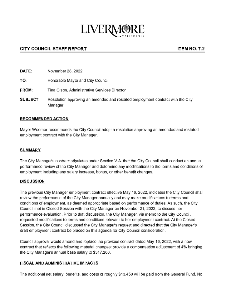 Fillable Online City Manager Employment Agreement Fax Email Print ...