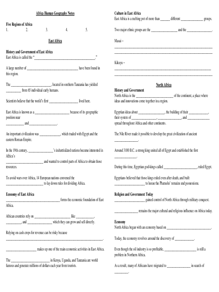 Fillable Online Africa Human Geography Notes Five Regions of Africa 1 ...