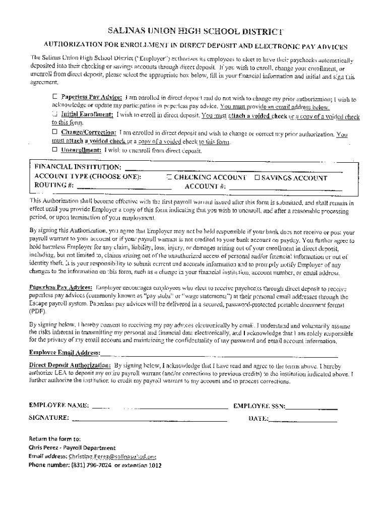 Fillable Online authorization for enrollment in direct deposit and ...