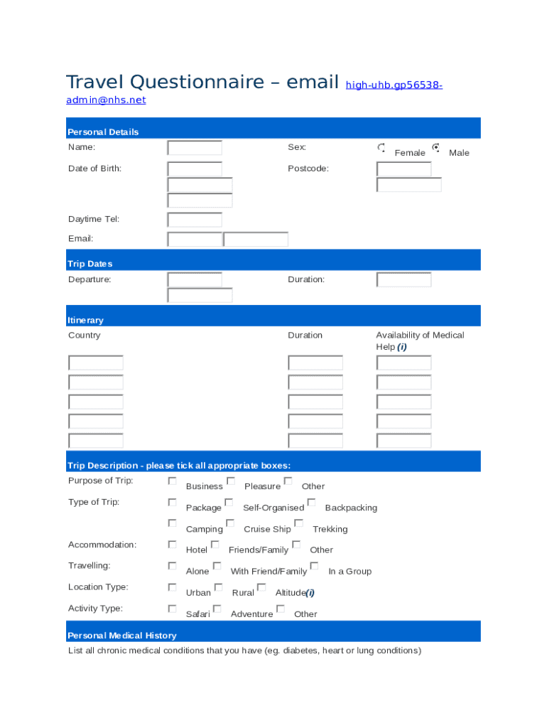 Travel Questionnaire Personal Details Date of Trip Itinerary ... Doc ...