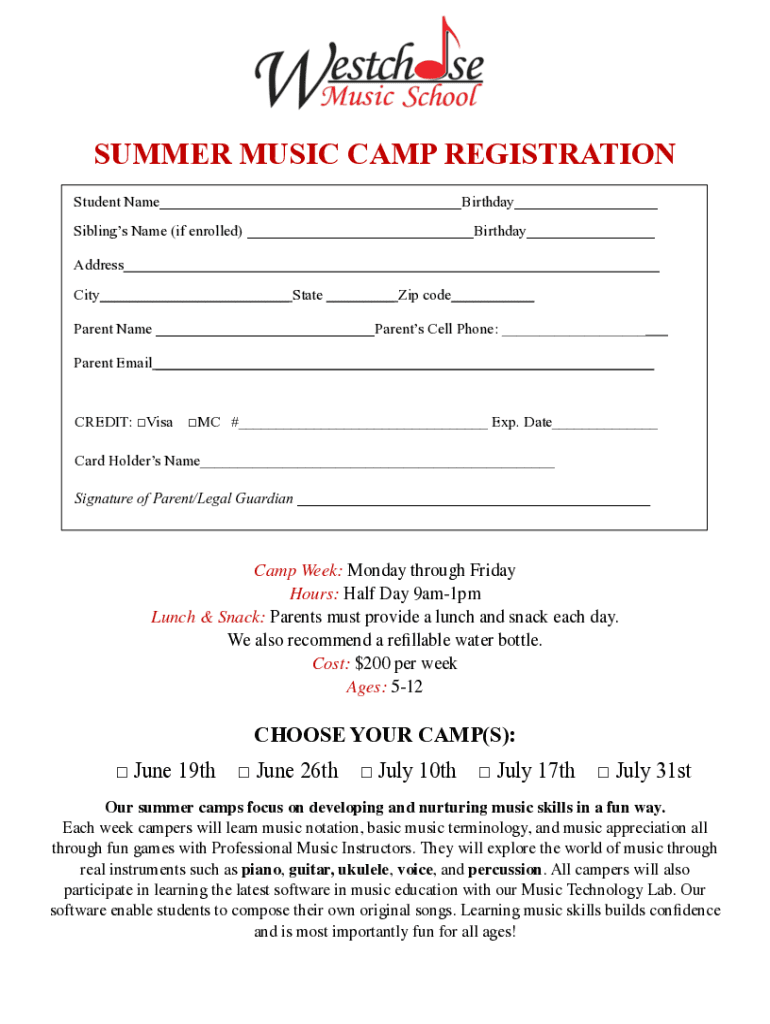 Summer Music Camp Registration Form - Blank Fillable Template | Fill ...