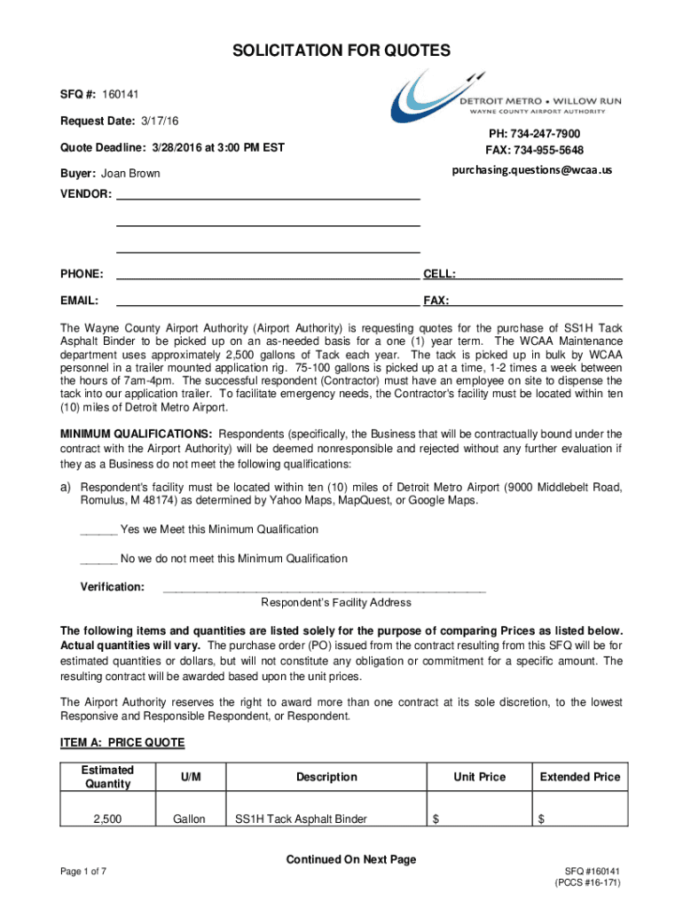 Fillable Online Get the free SOLICITATION FOR QUOTES SFQ #: Request ...