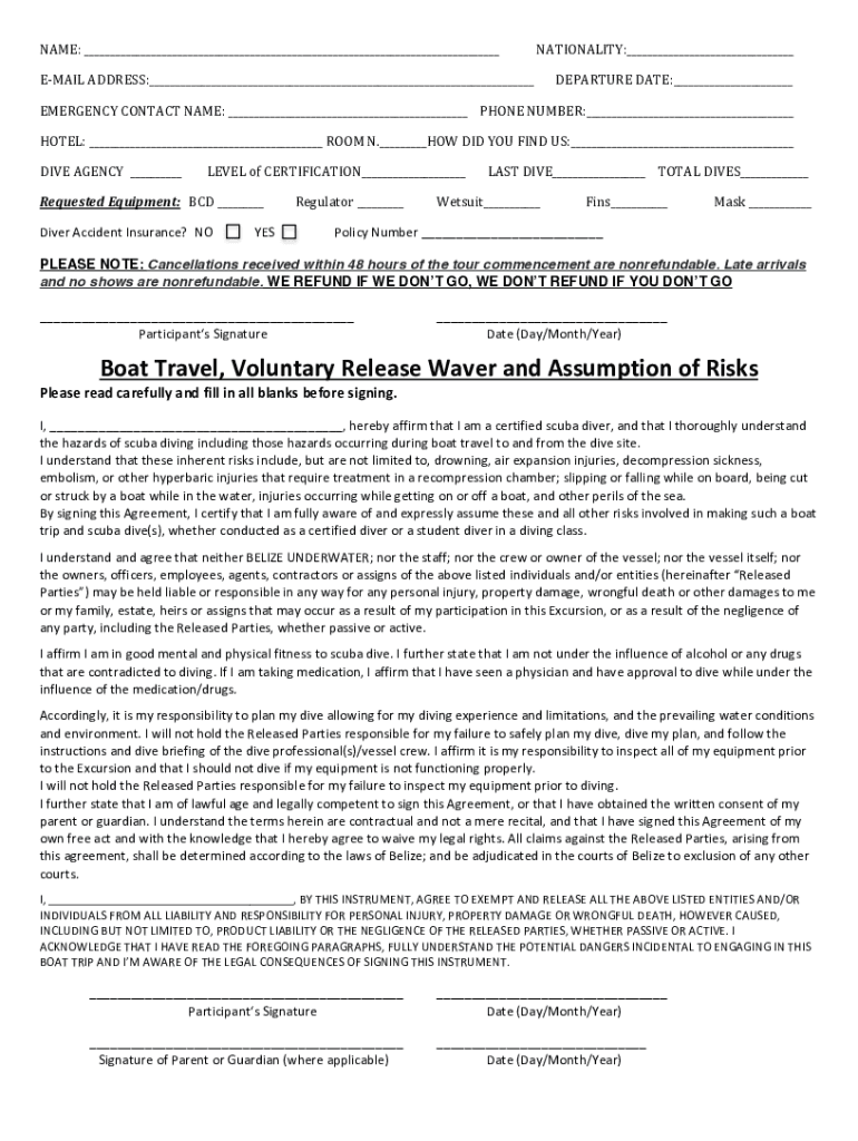 Fillable Online Boat Travel, Voluntary Release Waver and Assumption of ...