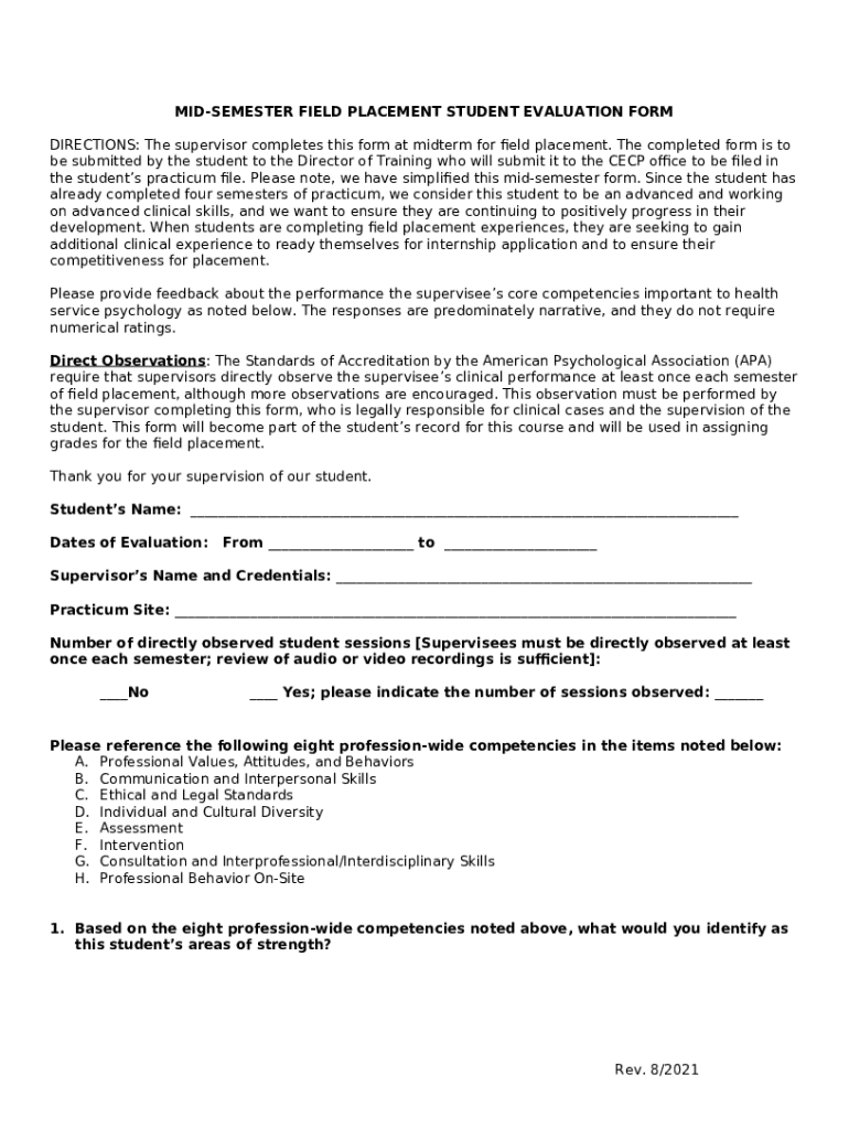 Mid-semester field placement student evaluation Doc Template | pdfFiller