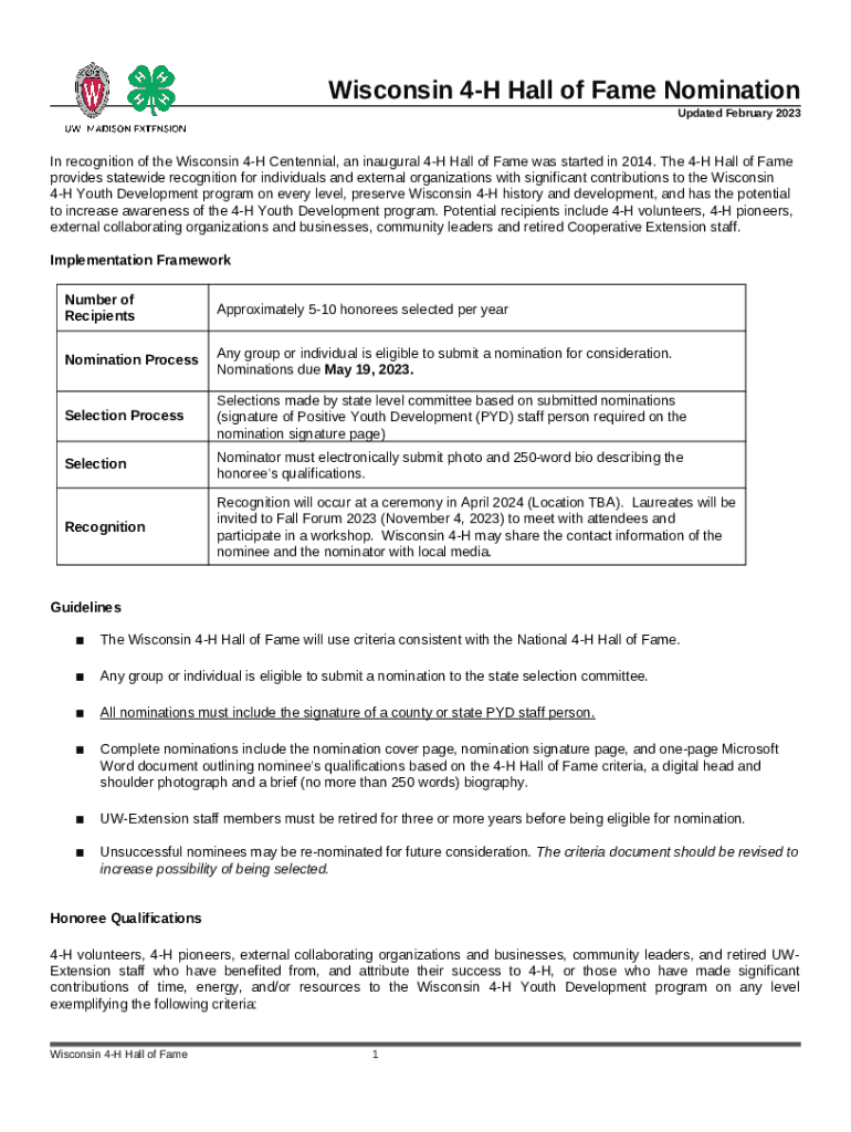 Wisconsin 4-H Hall of Fame Nominations Now Open! Doc Template | pdfFiller
