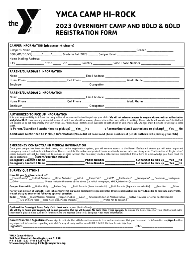 Fillable Online YMCA Camp Hi-Rock - BOLD/GOLD Wilderness Adventures Fax ...