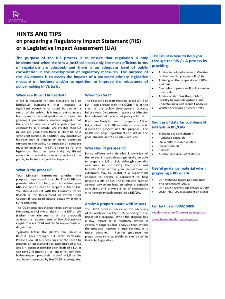 Fillable Online The role a Regulatory Impact Statement ... Fax Email ...