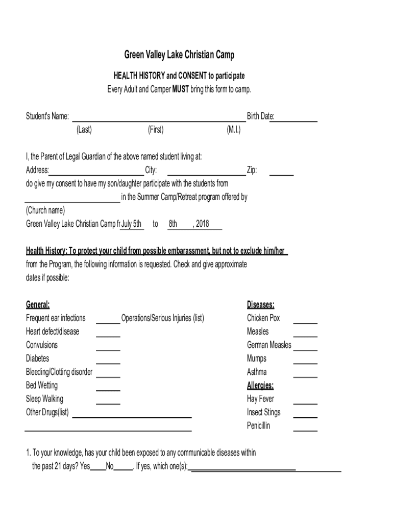Fillable Online YOUNG LIFE Camping Health Consent and Release Form Fax Email Print - pdfFiller