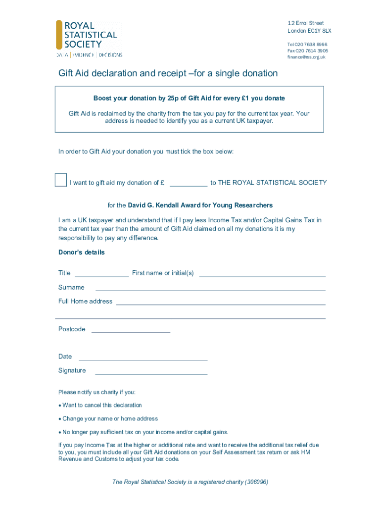 Fillable Online Gift Aid declaration and receipt for a single donation ...