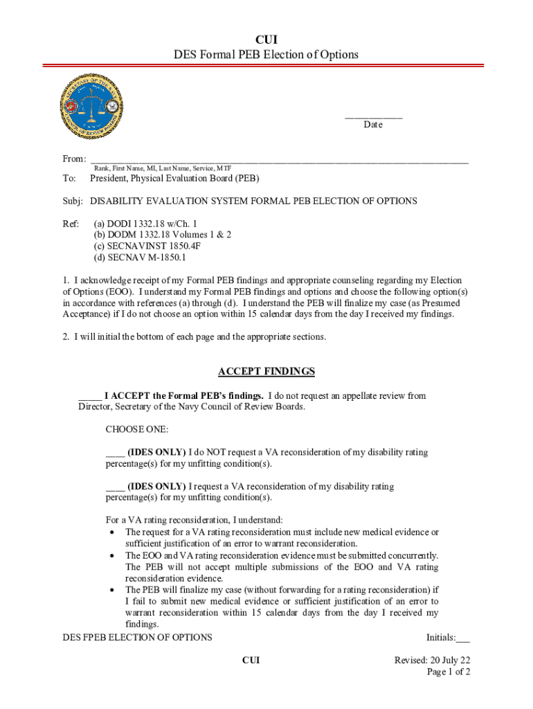 Fillable Online DES Formal PEB Election of Options - Secretary of the ...