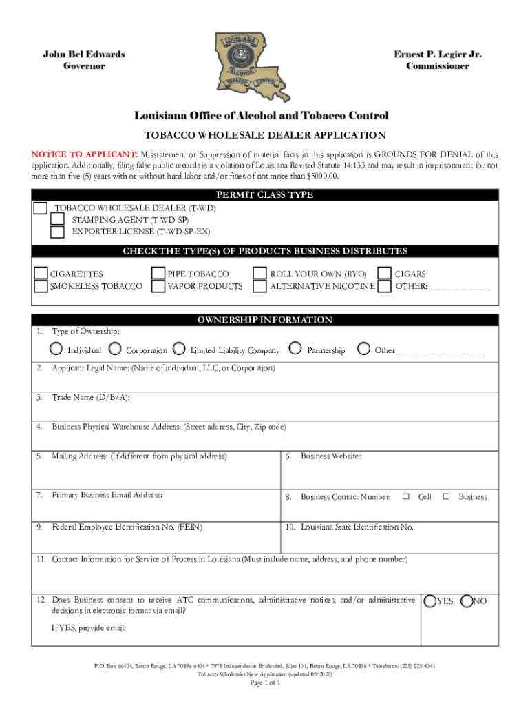 Fillable Online TOBACCO WHOLESALE DEALER PERMIT APPLICATION PACKET ...