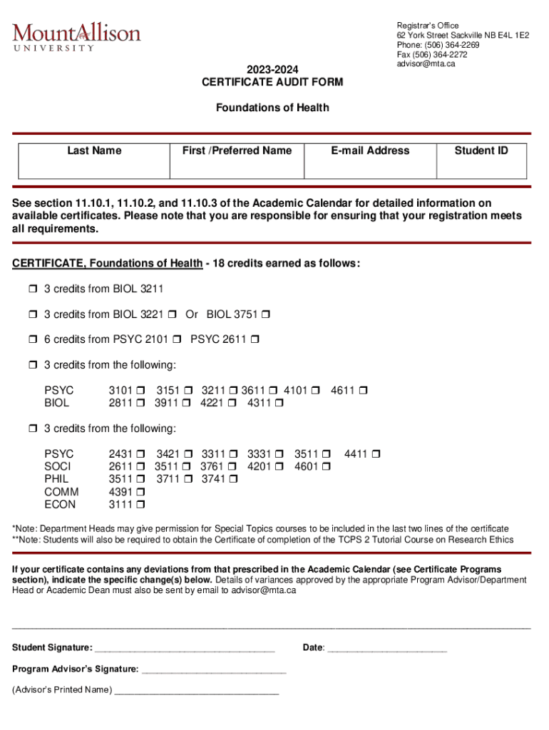 Fillable Online 2023-2024 CERTIFICATE AUDIT FORM Foundations of ... Fax Email Print - pdfFiller