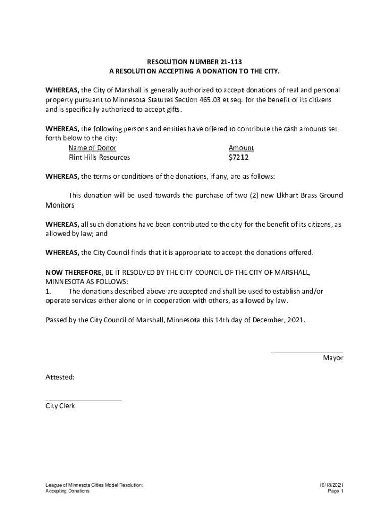 Fillable Online A RESOLUTION ACCEPTING THE DONATION OF ... Fax Email ...