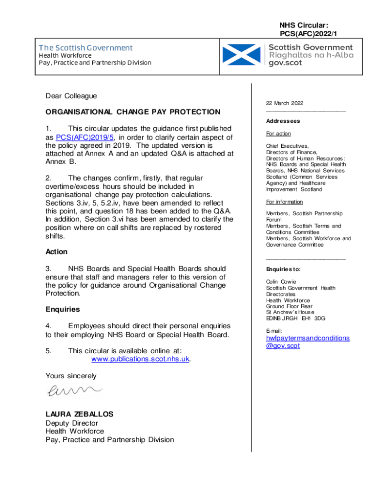 Fillable Online NHS Scotland Agenda for Change: single year pay offer ...