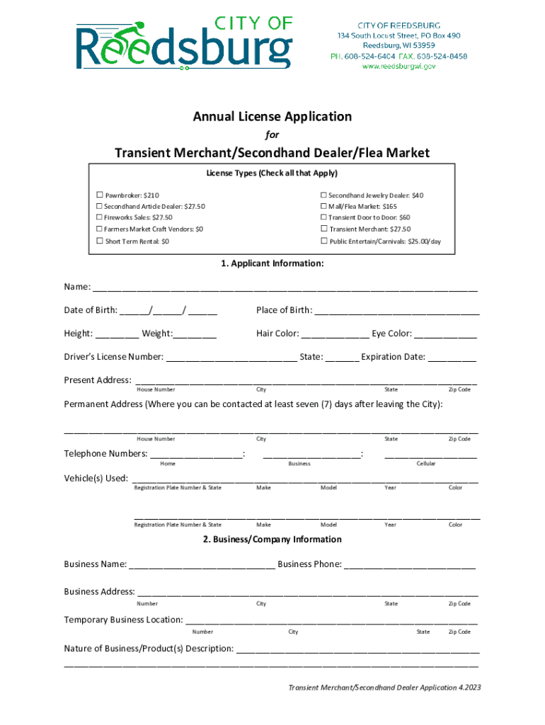 Fillable Online Annual License Application Transient Merchant ...