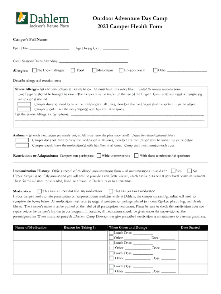 Fillable Online Outdoor Adventure Day Camp 2023 Camper Health Form Fax ...