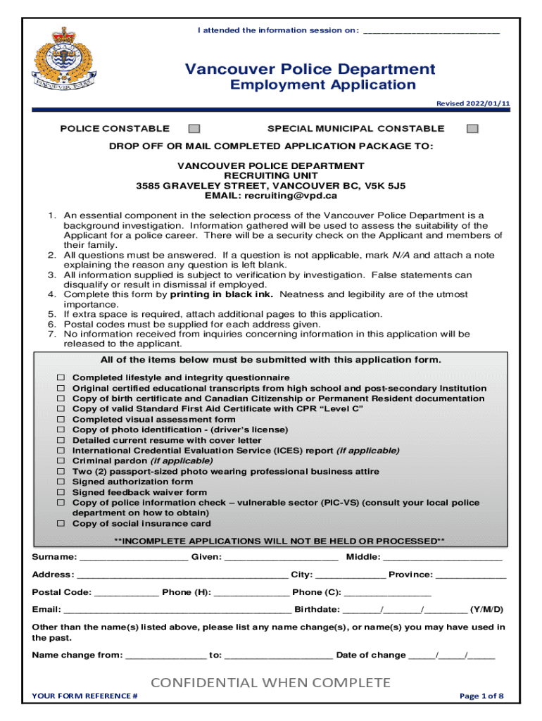 Fillable Online Vancouver Police Department - Employment Application ...