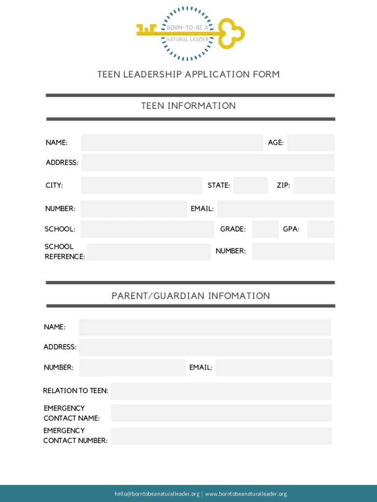 Fillable Online Application for Teen Leader Fax Email Print - pdfFiller