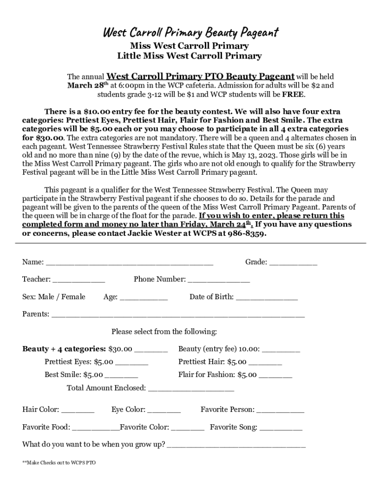 Fillable Online West Carroll Primary School Beauty Pageant Fax Email ...