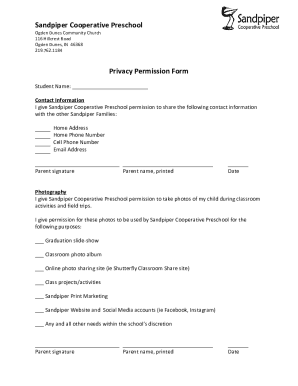 Fillable Online Sandpiper Cooperative Preschool Privacy Permission Form ...
