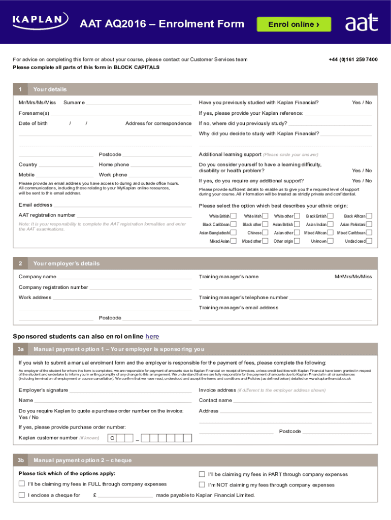 Fillable Online AAT AQ2016Enrolment Form Fax Email Print - pdfFiller