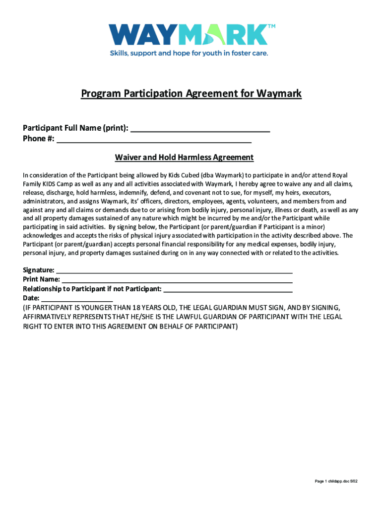Fillable Online Program Participation Agreement for Waymark Fax Email ...