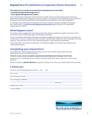 Fillable Online Yorkshire Water Request for a Pre Maintenance ...