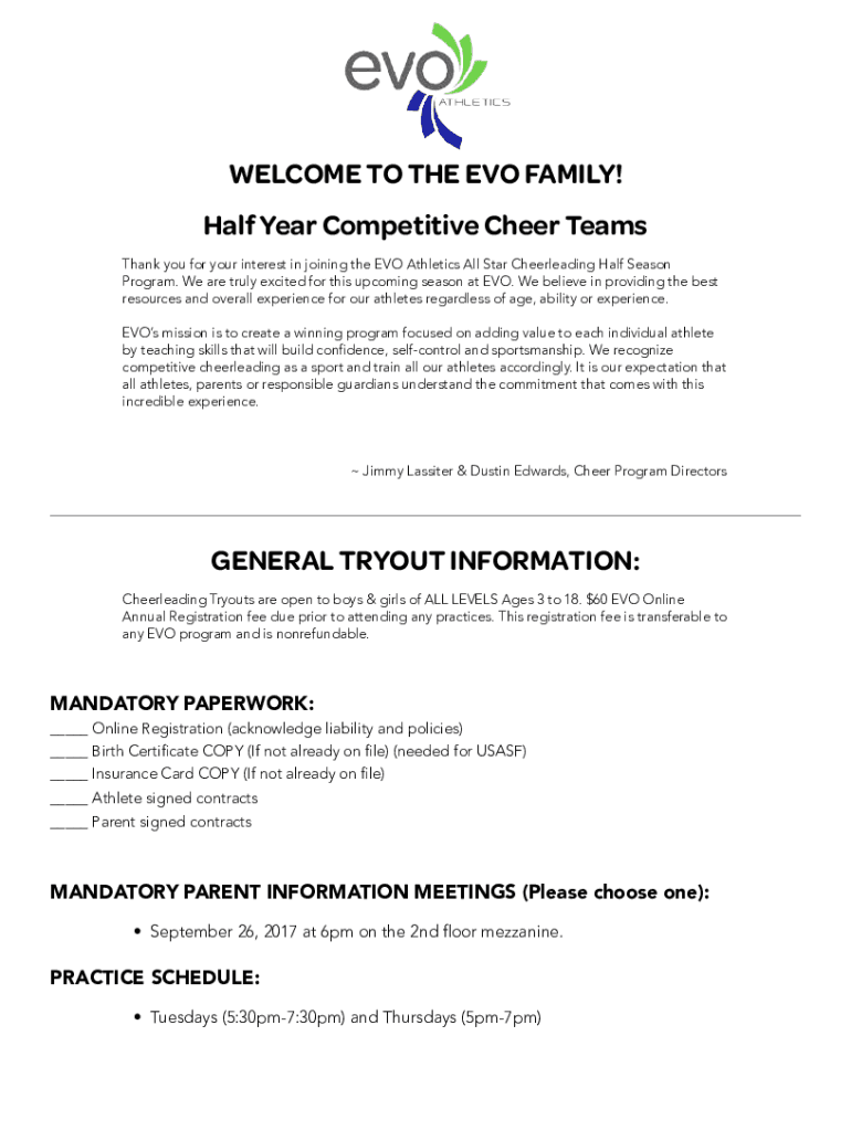 Fillable Online THE EVO FAMILY! Half Year Competitive Cheer Teams GENERAL ... Fax Email Print ...