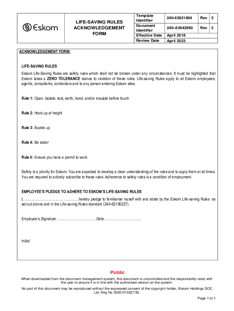 Fillable Online LIFE-SAVING RULES ACKNOWLEDGEMENT FORM Public Fax Email Print - pdfFiller