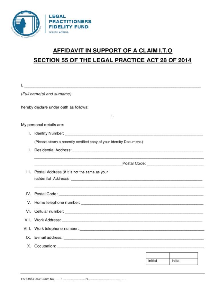 Fillable Online AFFIDAVIT IN SUPPORT OF A CLAIM I.T.O SECTION 55 ...