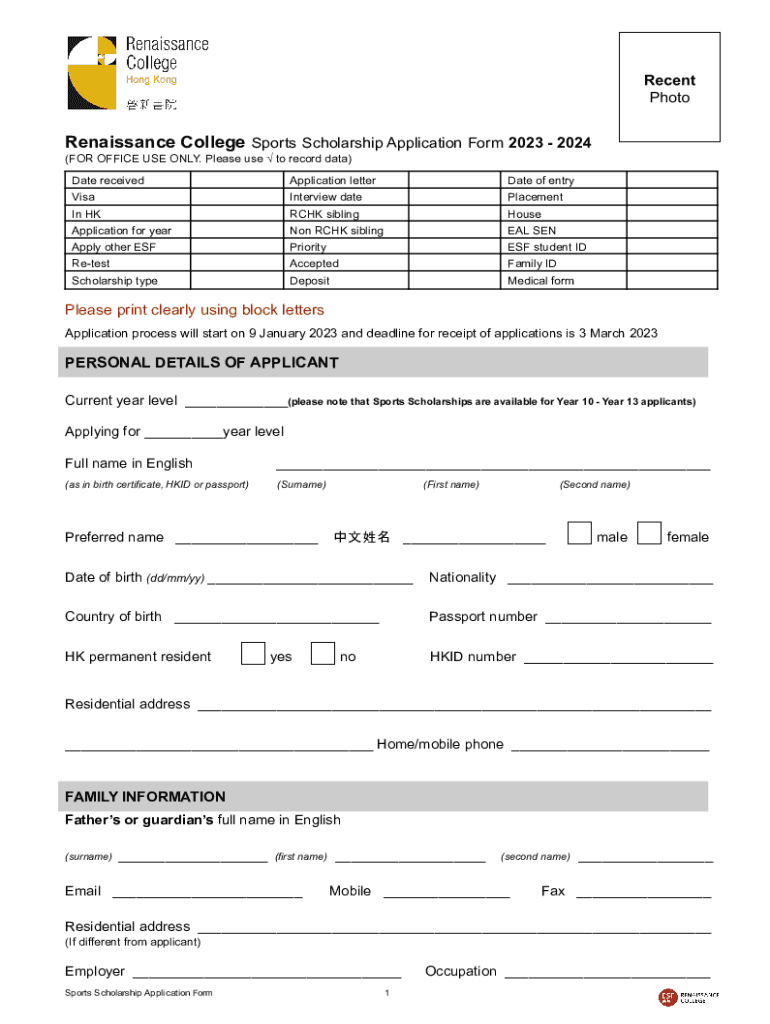 Fillable Online Renaissance College Sports Scholarship Application Form ... Fax Email Print ...