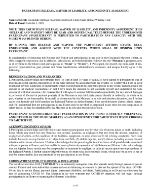 Fillable Online participant release, waiver of liability, and indemnity ...