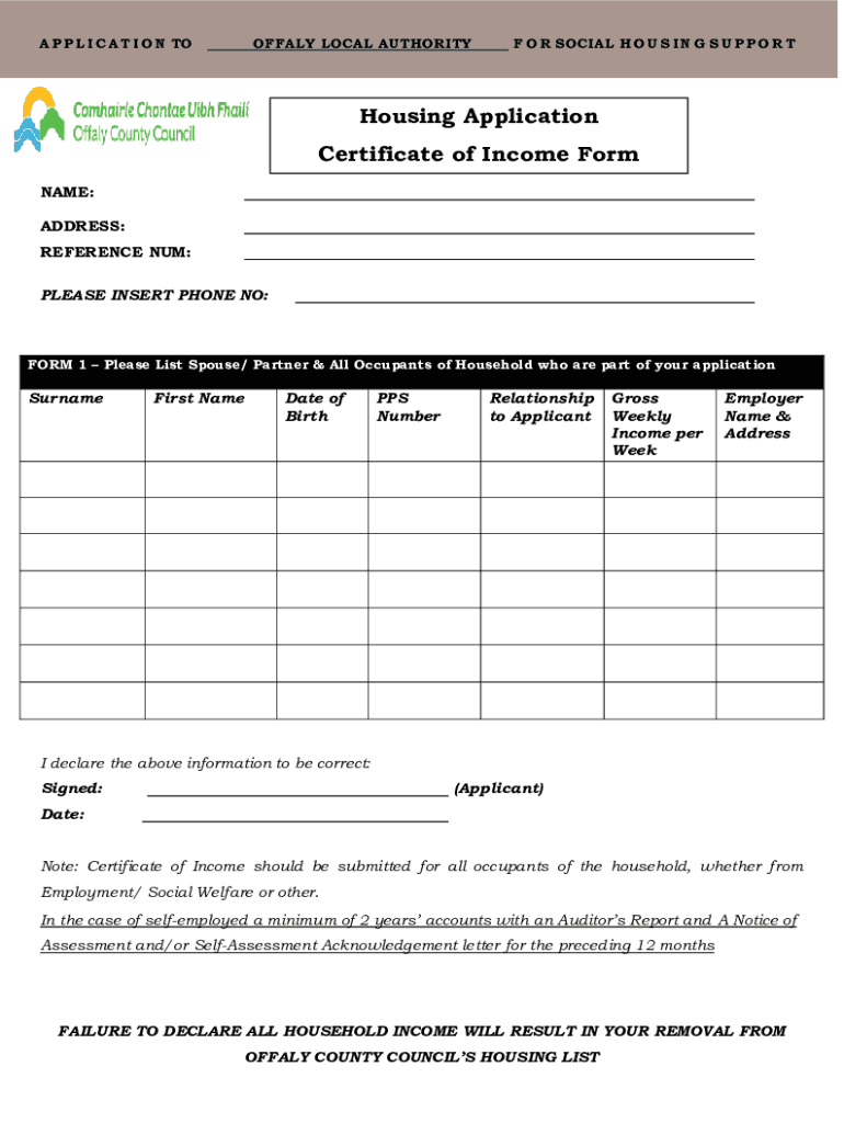Fillable Online Housing Application Certificate of Income Form Fax ...