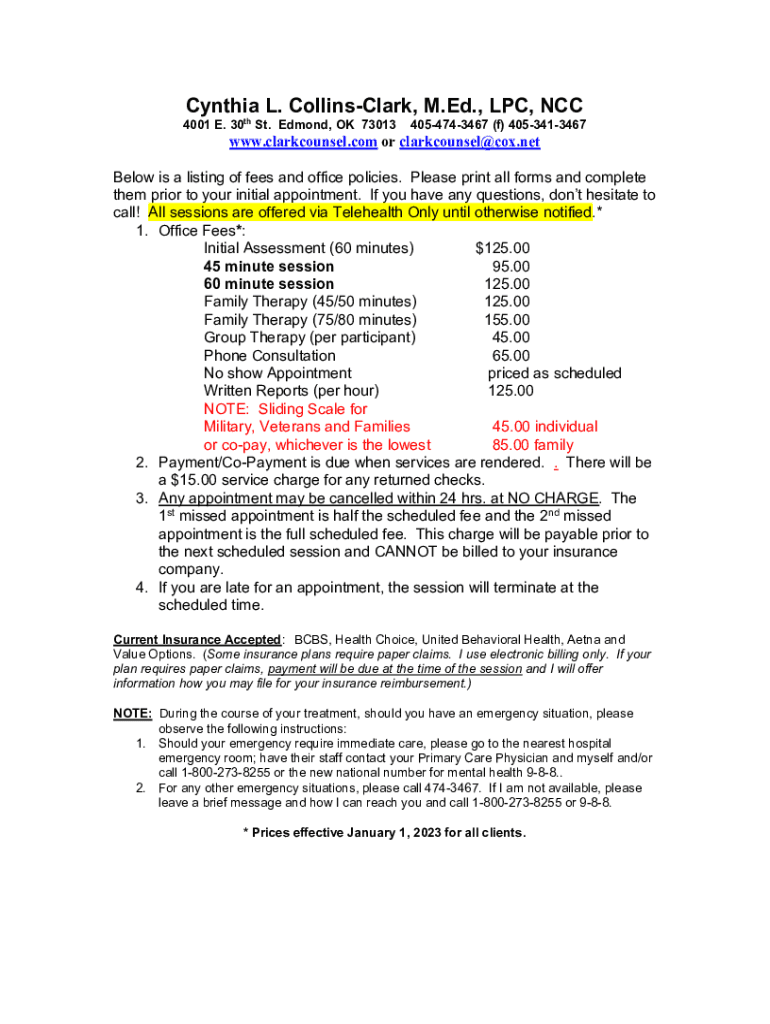 Fillable Online Cynthia L. Collins-Clark, M.Ed., LPC, NCC Fax Email ...