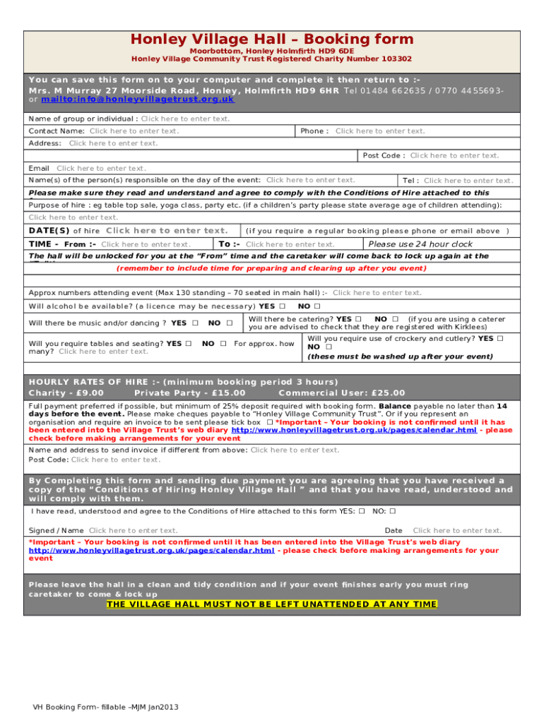 Honley Village HallBooking Doc Template | pdfFiller
