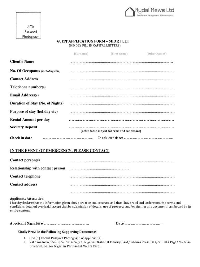 Fillable Online GUEST APPLICATION FORM SHORT LET Client's Name No. Of ...