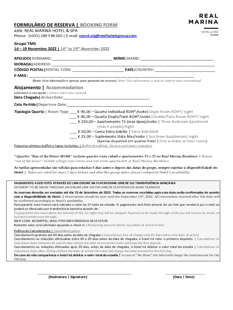 Fillable Online FORMULRIO DE RESERVA BOOKING FORM Alojamento Fax Email Print - pdfFiller