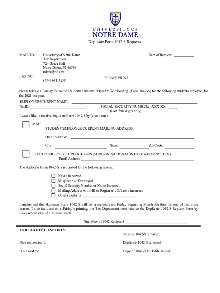 Fillable Online controller nd Duplicate Form 1042-S Requests - Office of the Controller Fax ...