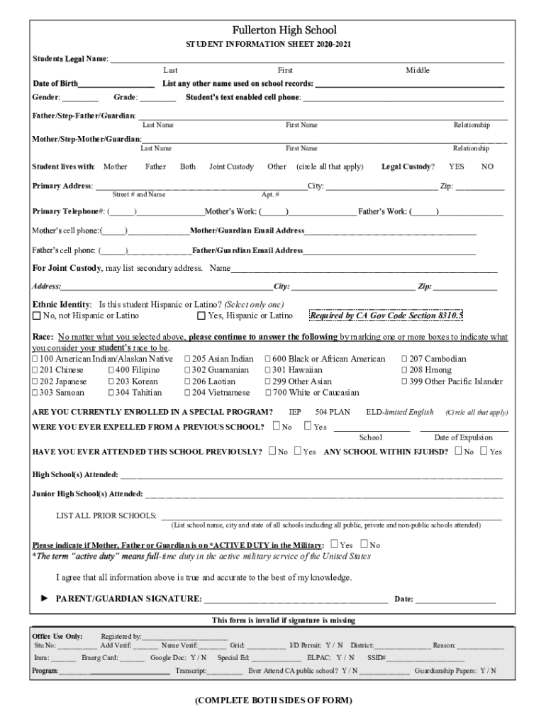 Fillable Online STUDENT INFORMATION SHEET 2020-21 ENGLISH FINAL.pdf Fax Email Print - pdfFiller