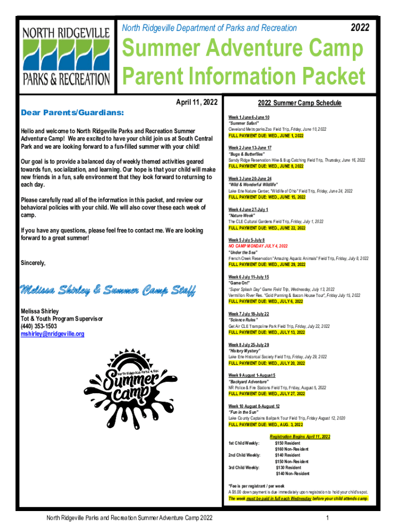Fillable Online Summer Adventure Camp Parent Information Packet Fax ...