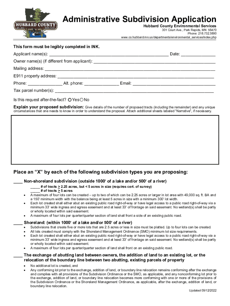 Fillable Online Hubbard County Administrative Subdivision Application ...