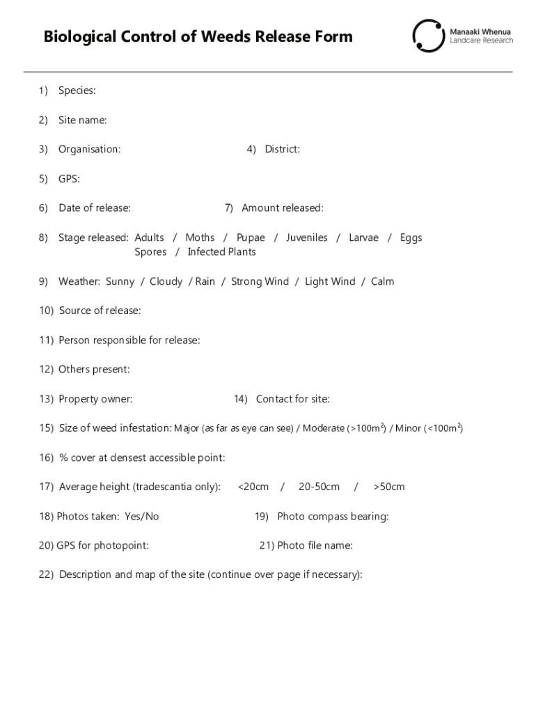 Fillable Online Biological Control of Weeds Release Form Fax Email ...