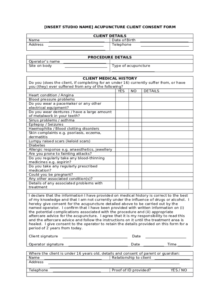 Acupuncture New Client Template Doc Template | pdfFiller