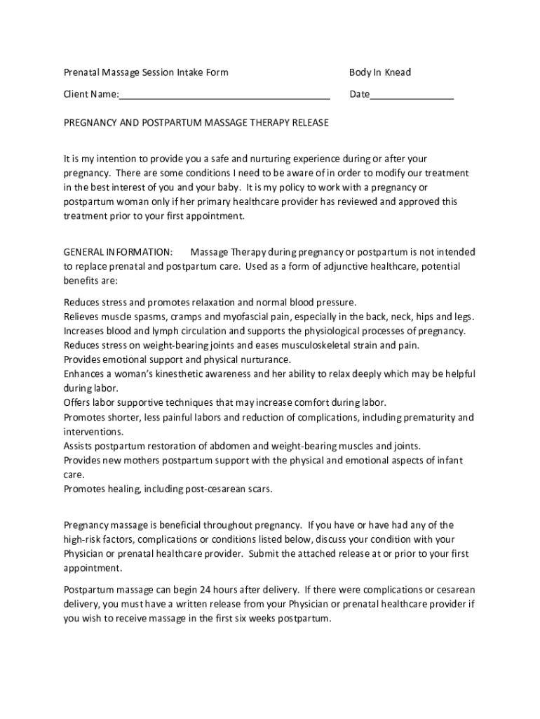 Fillable Online Prenatal Massage Session Intake Form Fax Email Print ...