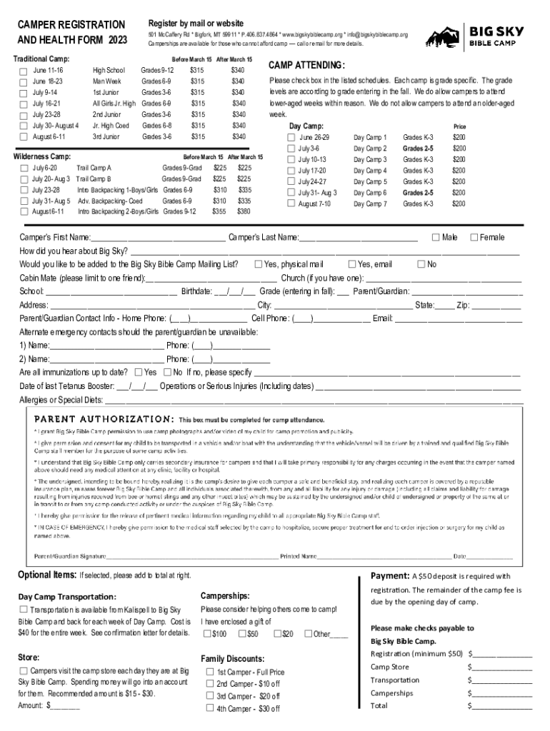 Fillable Online CAMPER REGISTRATION AND HEALTH FORM 2023 Fax Email Print - pdfFiller