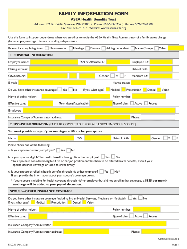 Fillable Online FAMILY INFORMATION FORM ASEA Health Trust Fax Email ...