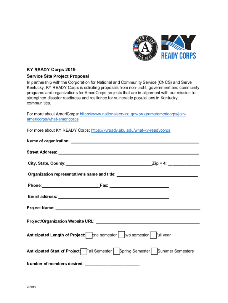 Fillable Online KY READY Corps Service Site Project Proposal Form Fax ...