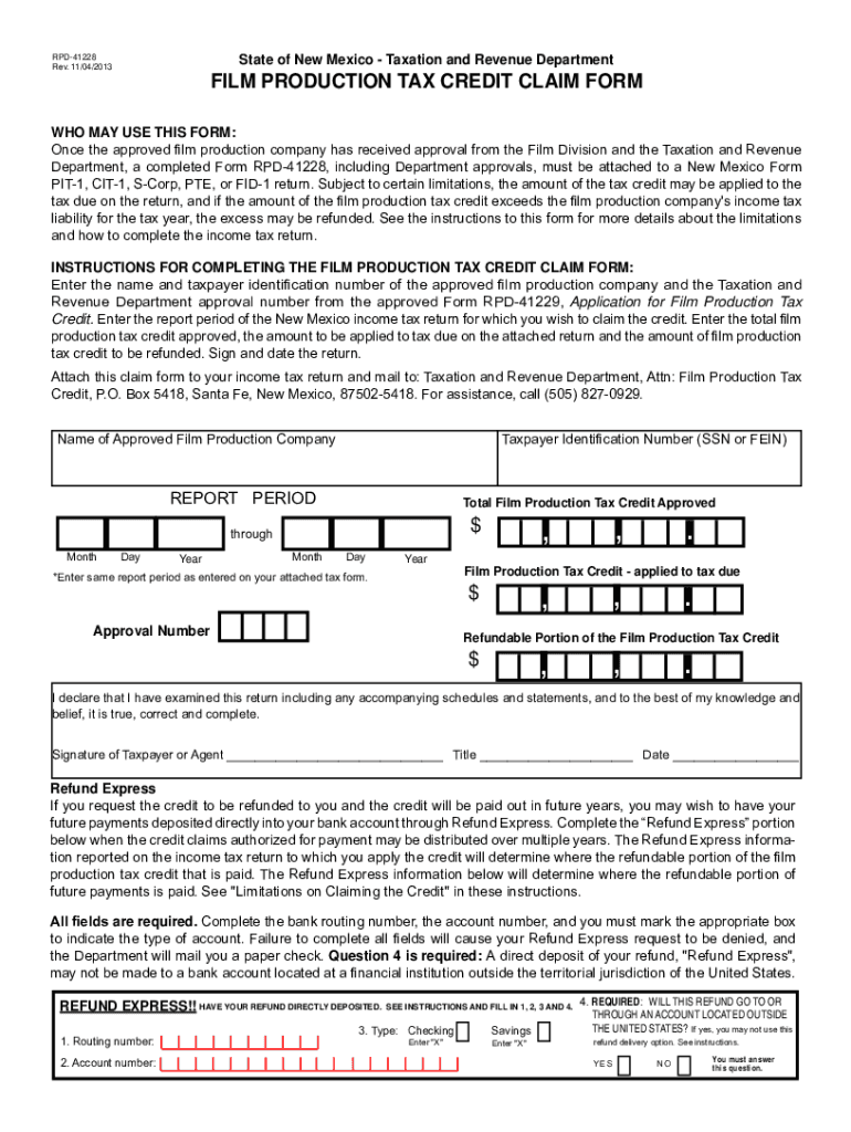 Fillable Online RPD-41228. Film Production Tax Credit Claim Form Fax ...