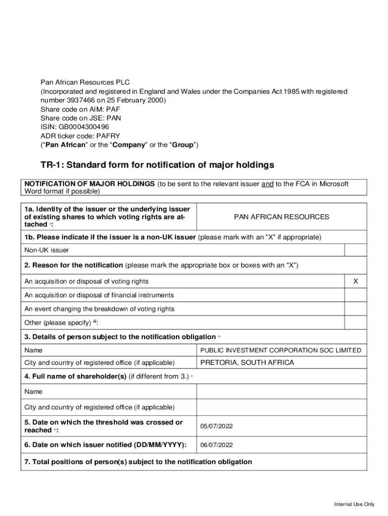 Fillable Online TR-1: Standard form for notification of major holdings - Vault Fax Email Print ...