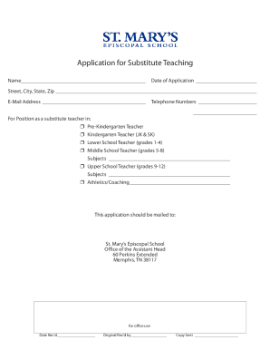 Fillable Online Application for Employment Teacher / Substitute Teacher ...